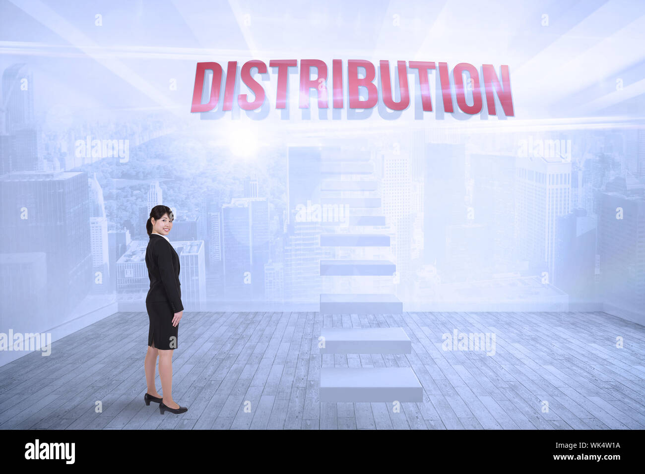 The word distribution and smiling businesswoman against city scene in a ...
