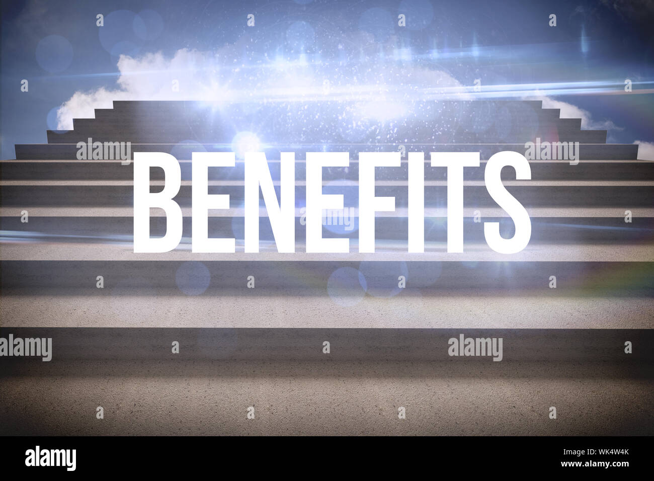 The word benefits and white background with vignette against steps ...