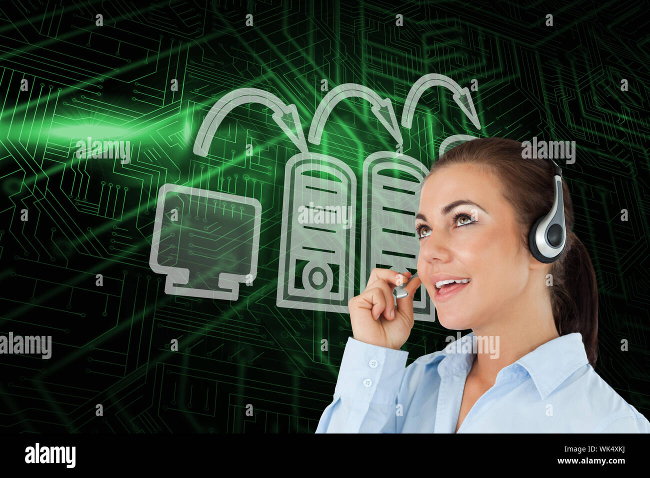 Composite image of computer connection and call centre worker against ...