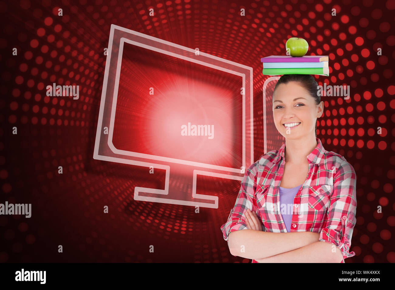 Composite image of computer and student against red pixel spiral Stock ...