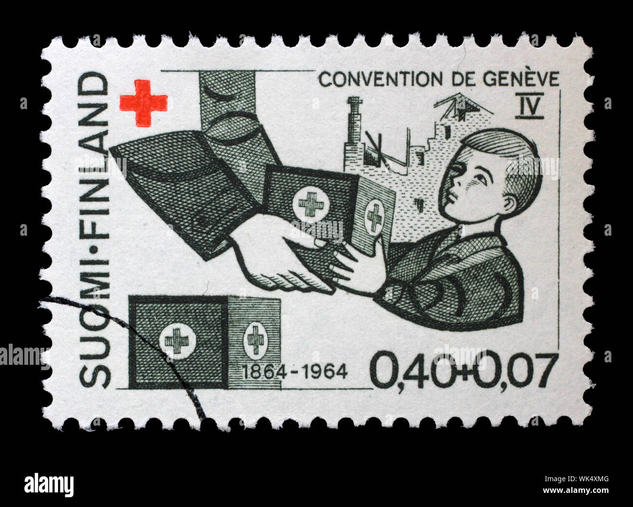 Stamp printed in Finland shows Handing out of Red Cross Package to a ...