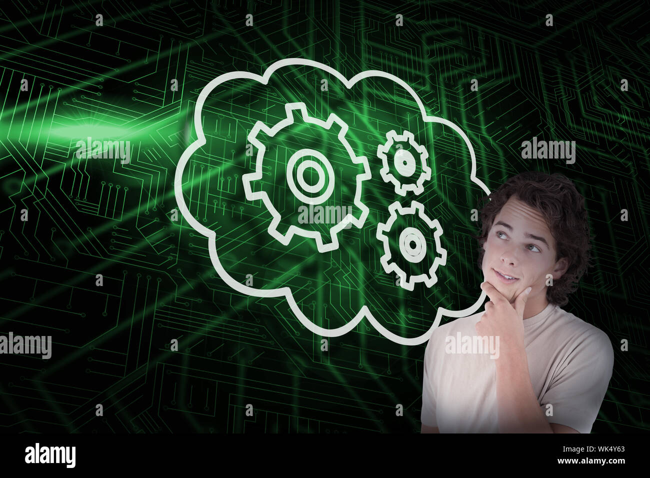 Composite image of cogs and wheels in cloud with casual thinking man ...