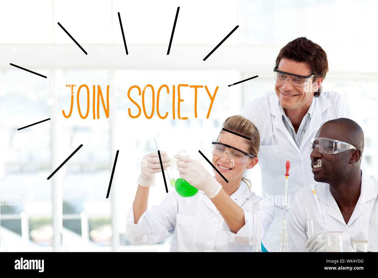 The word join society against scientists working in laboratory Stock Photo - Alamy
