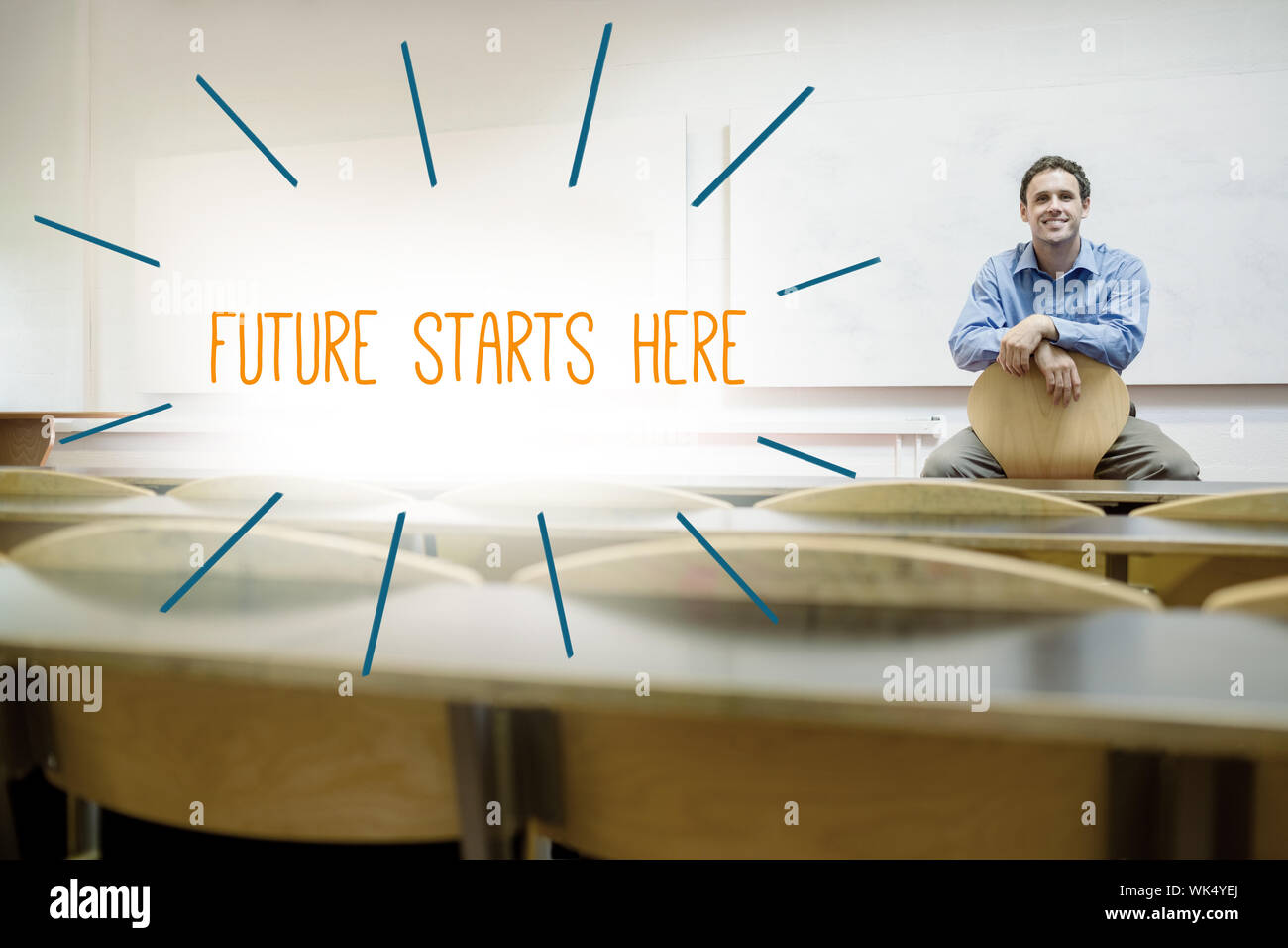 The word future starts here against lecturer sitting in lecture hall ...