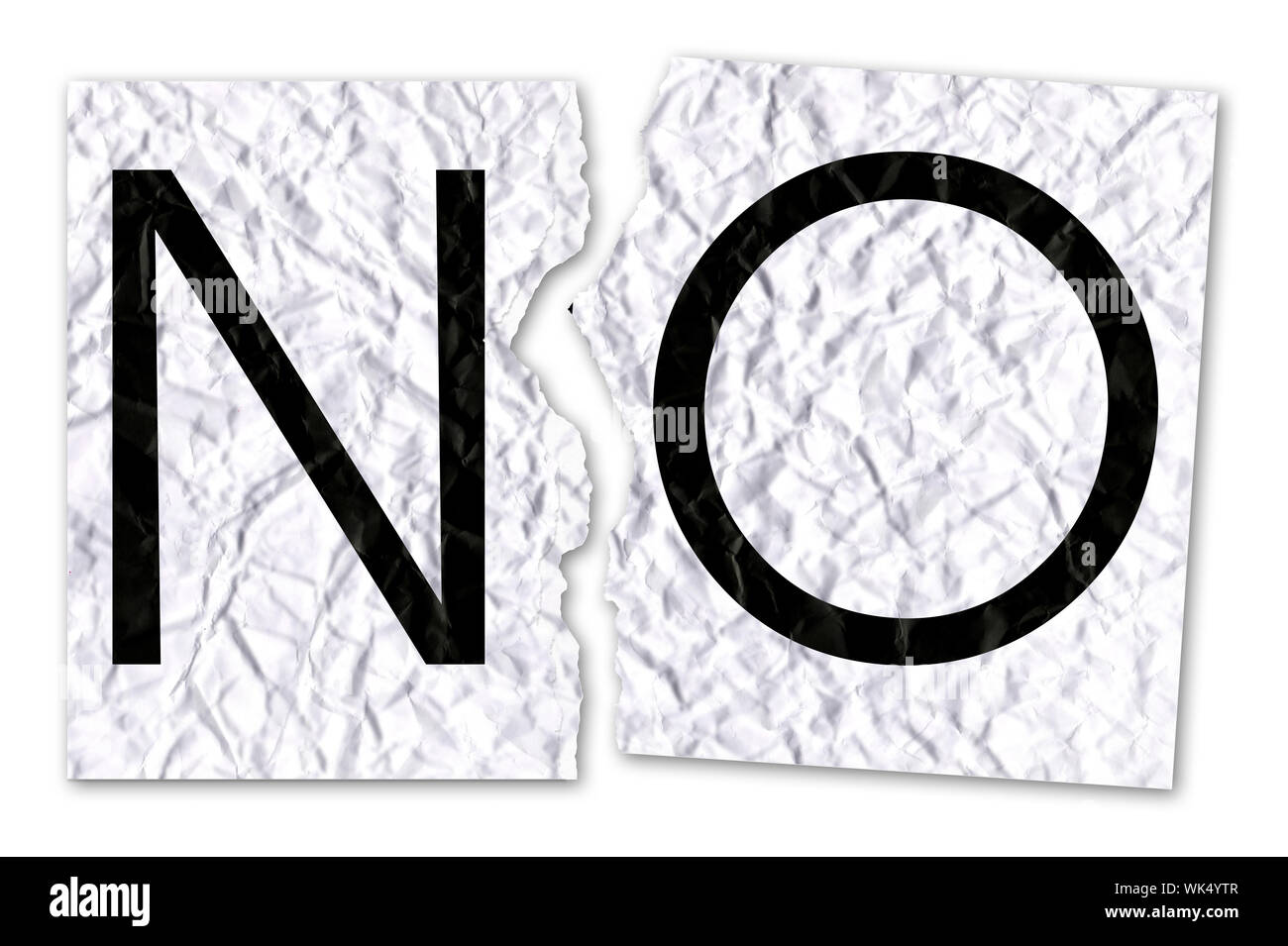 Ripped sheet with NO text - concept image on white background Stock ...