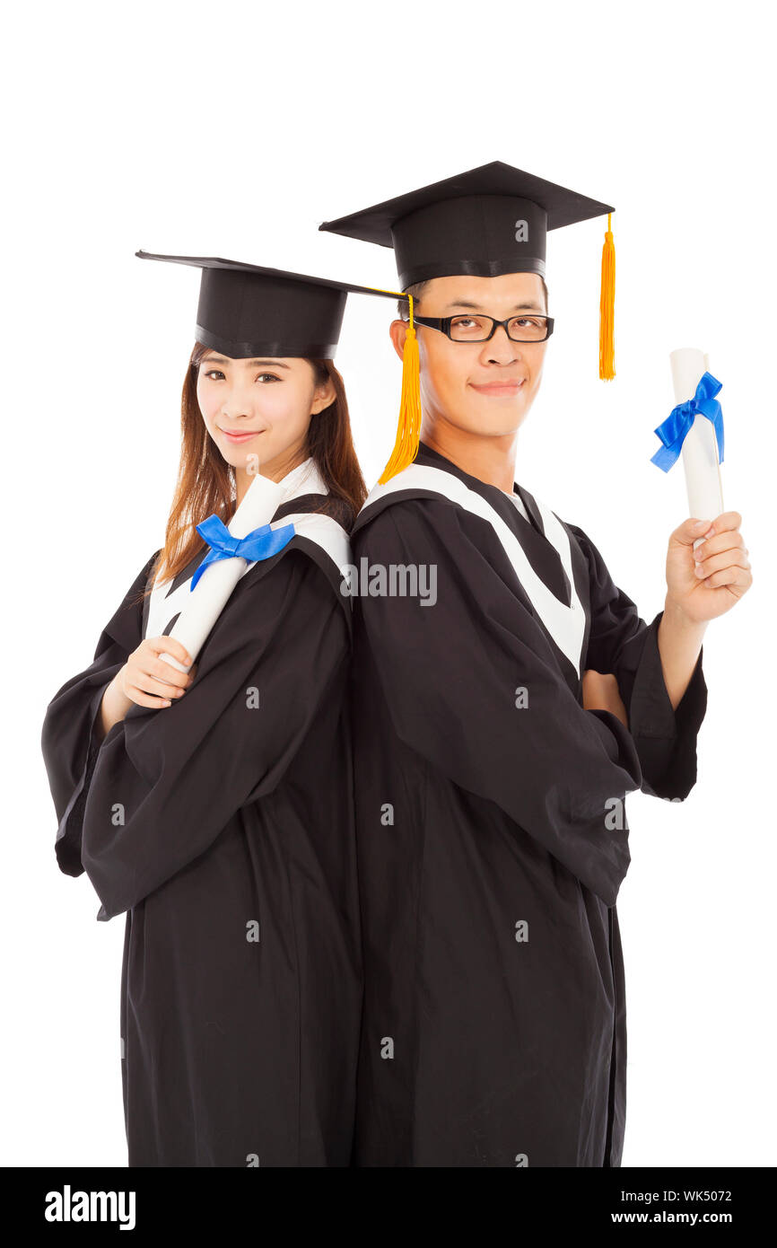 happy graduating students isolated on white Stock Photo - Alamy