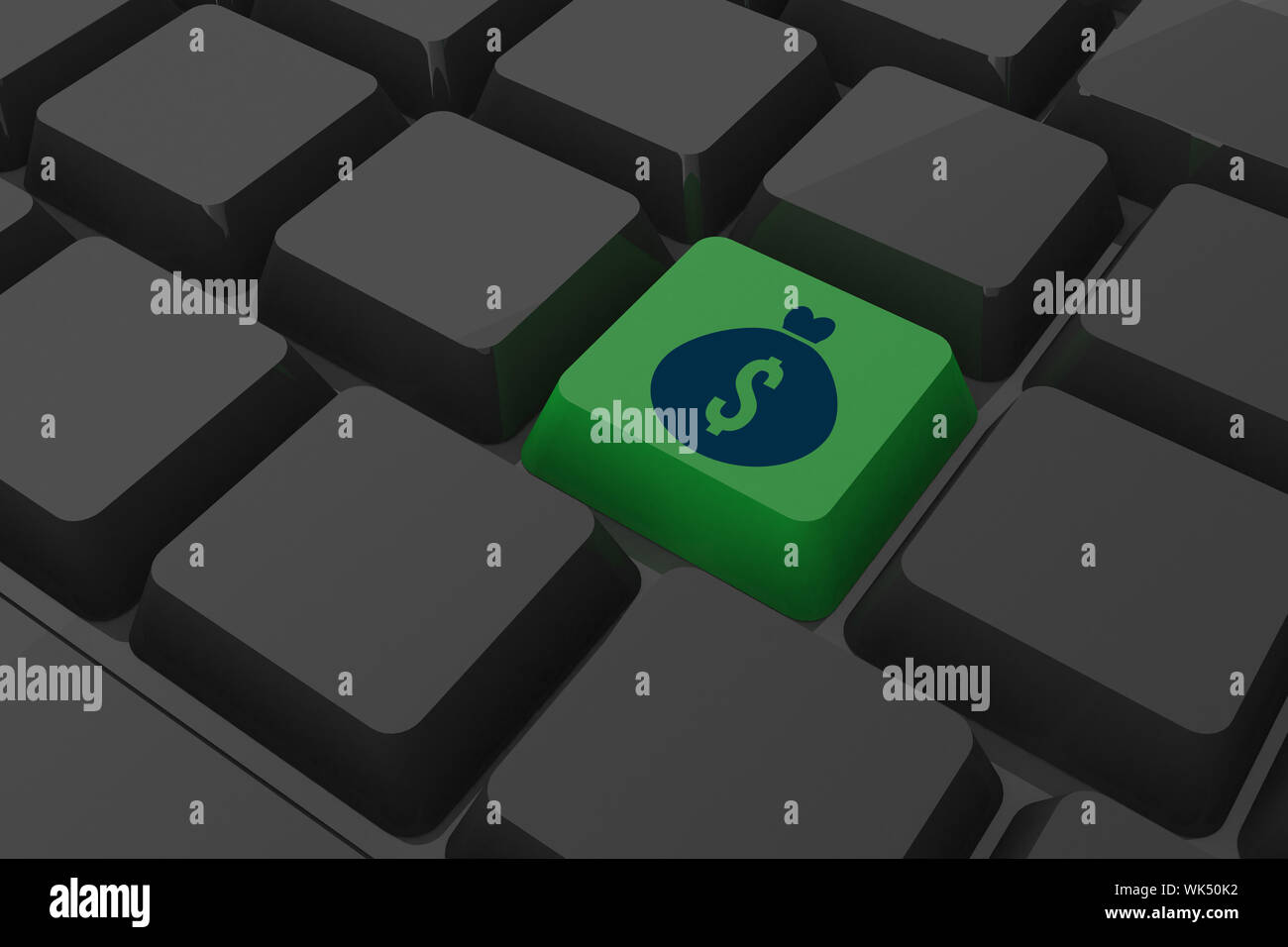 Money bag against black keyboard with green key Stock Photo - Alamy