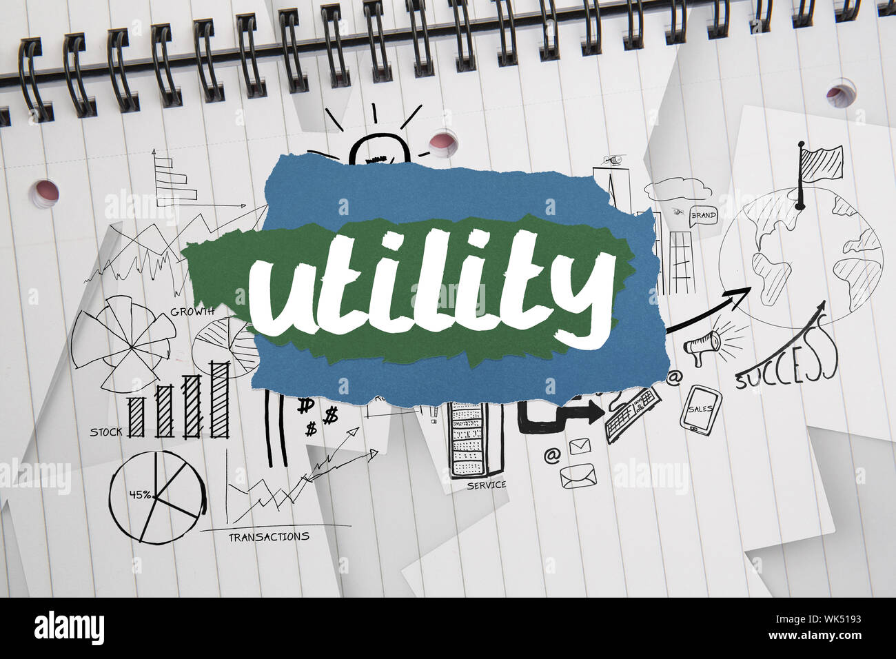 The word utility against brainstorm doodles on notepad paper Stock ...