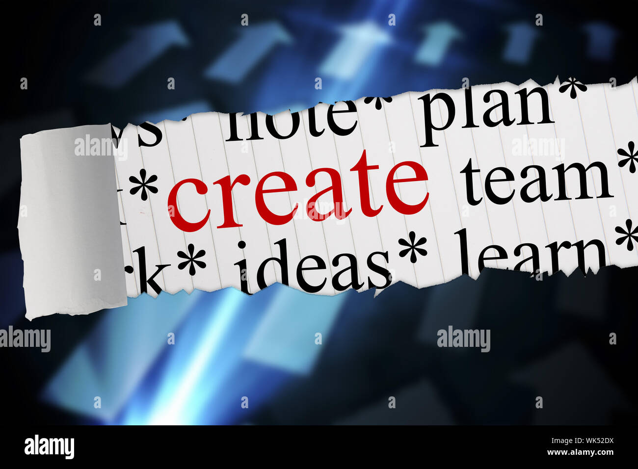 The word create against blue arrows on black background Stock Photo - Alamy
