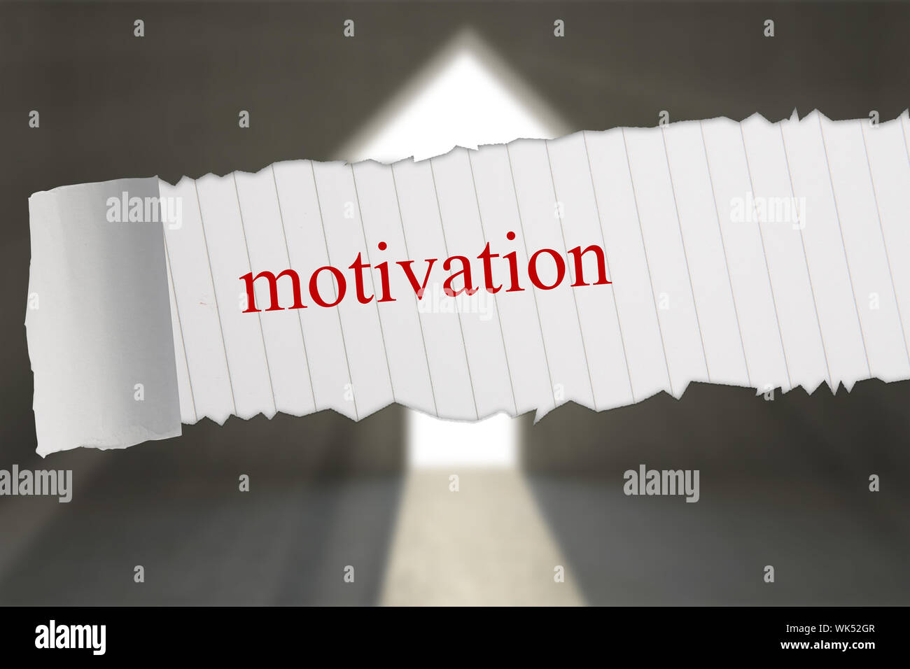 The word motivation against grey room with arrow door Stock Photo - Alamy