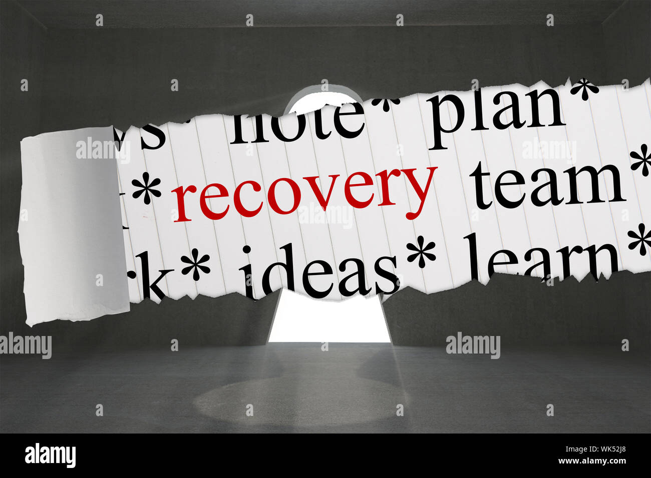 The word recovery against grey room with keyhole door Stock Photo - Alamy