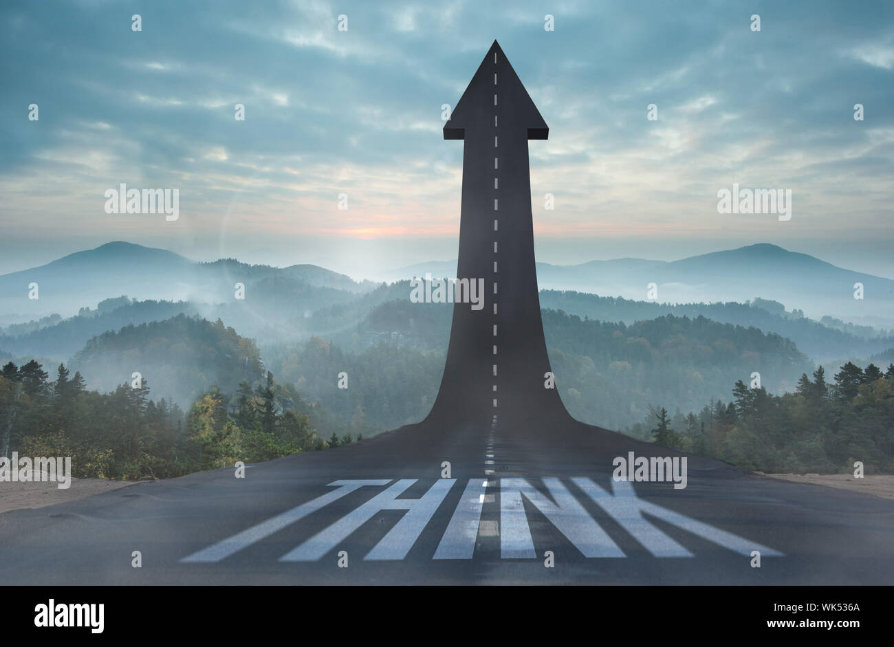 The word think against road turning into arrow Stock Photo - Alamy
