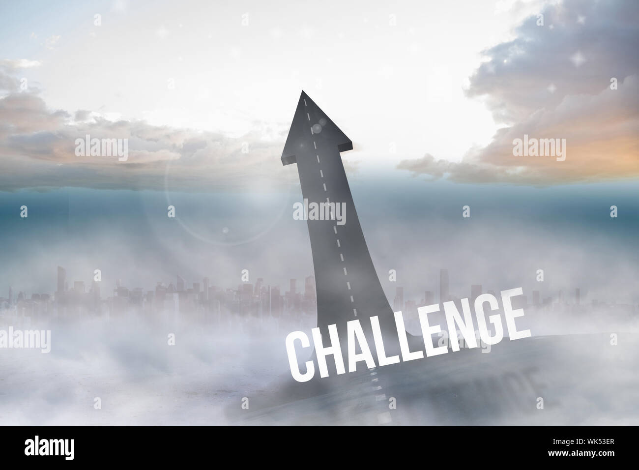 The word challenge against road turning into arrow Stock Photo - Alamy