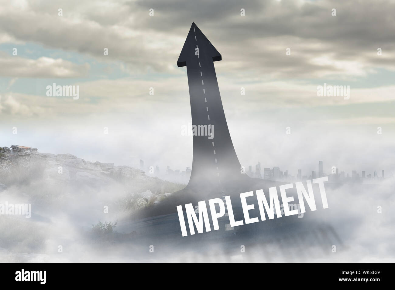 The word implement against road turning into arrow Stock Photo - Alamy