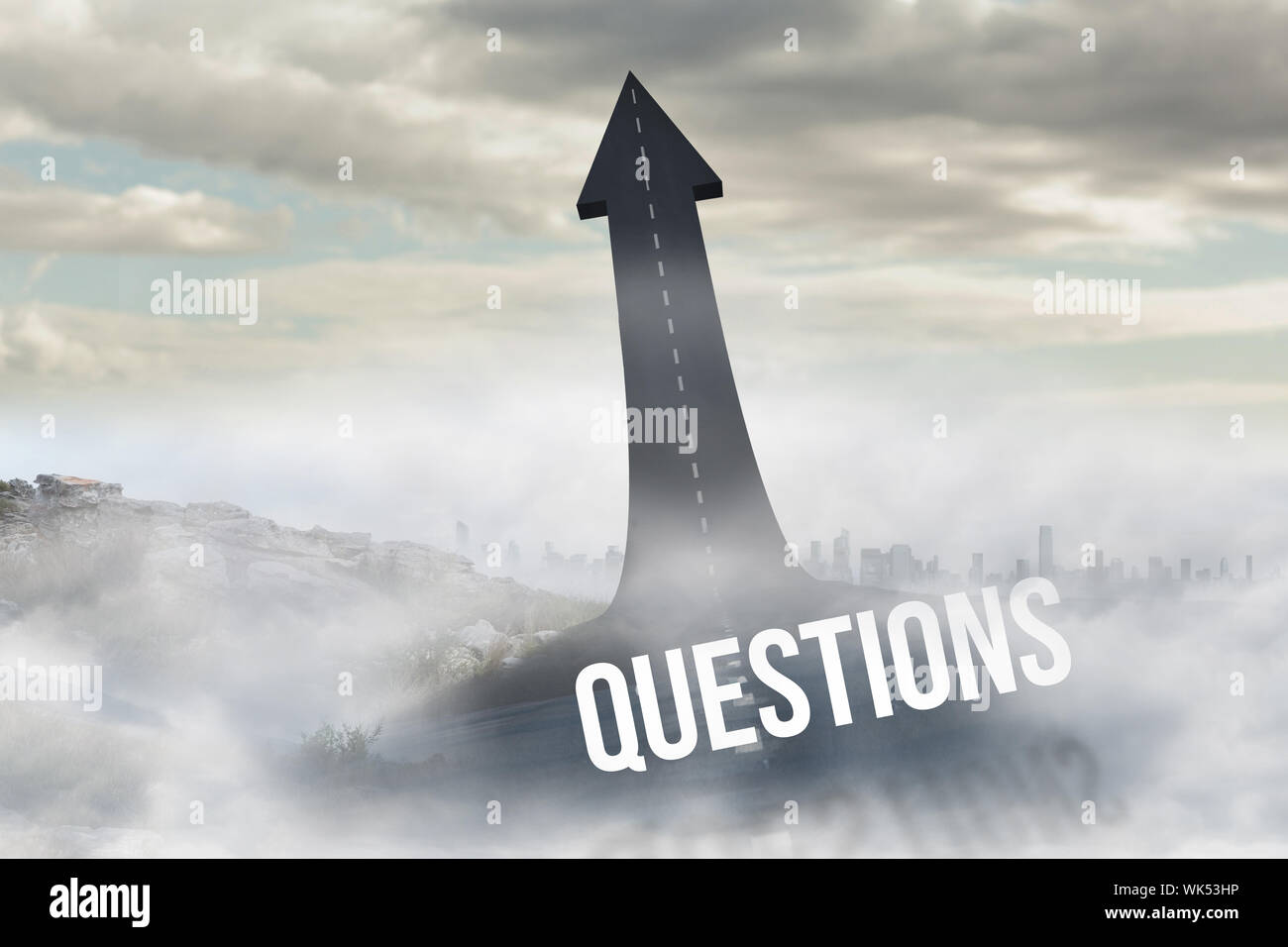 The word questions against road turning into arrow Stock Photo - Alamy