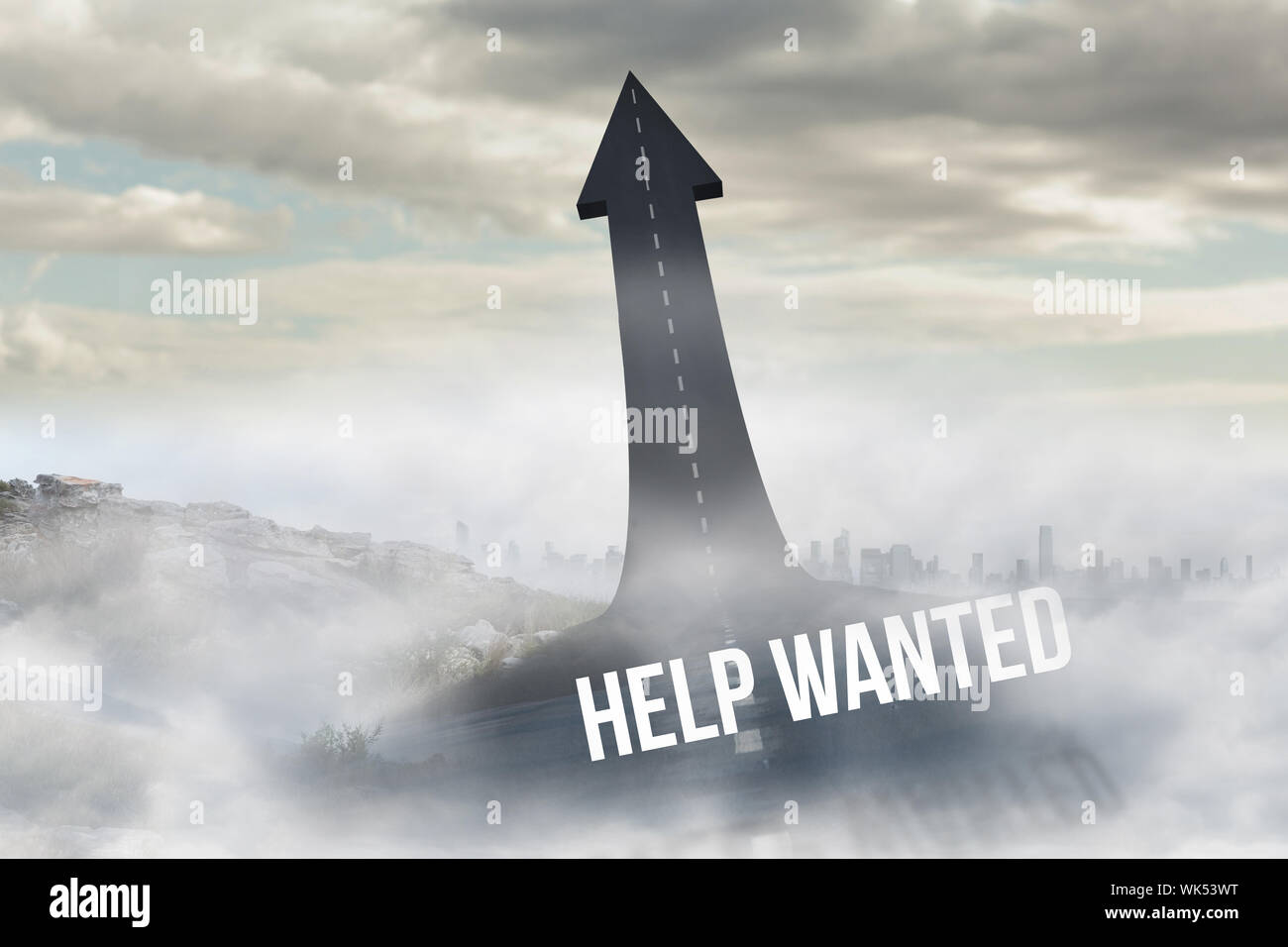 The word help wanted against road turning into arrow Stock Photo - Alamy