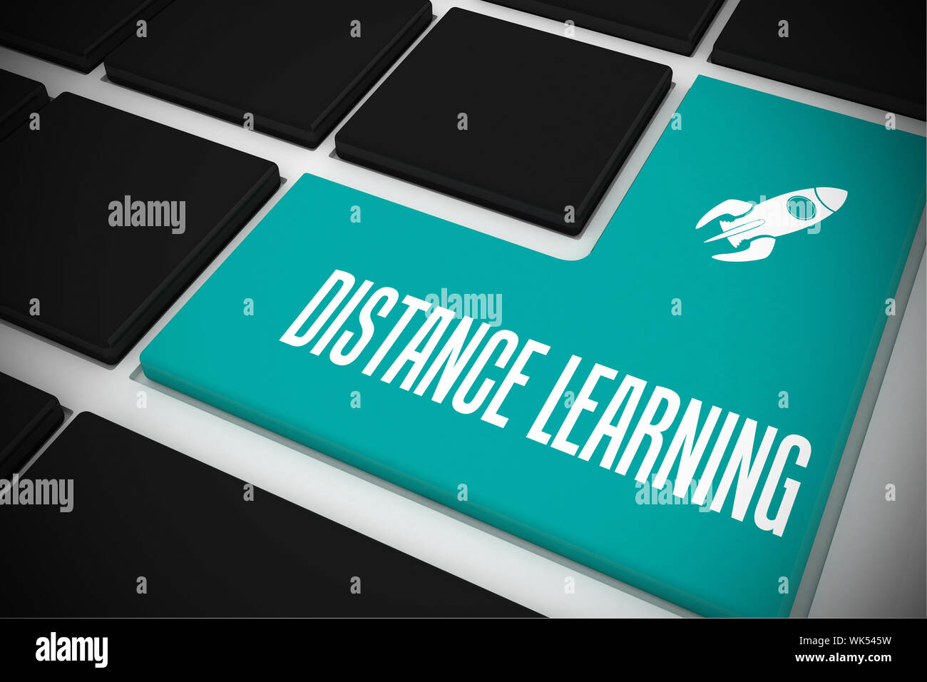 The word distance learning and rocket ship on black keyboard with blue ...