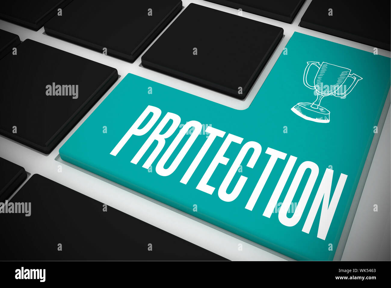 The word protection and winners cup on black keyboard with blue key ...