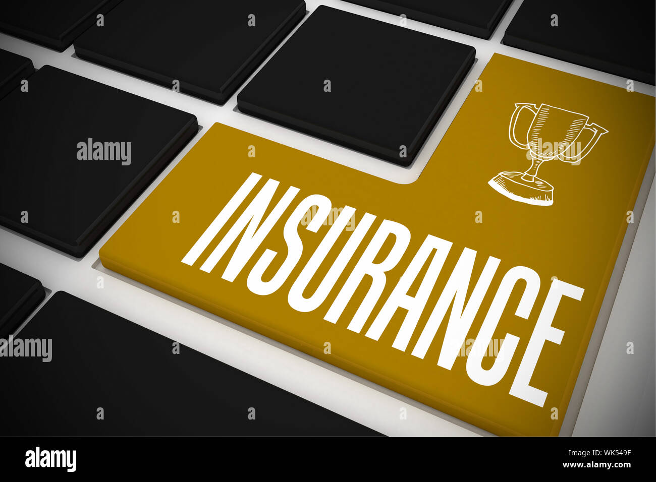 The word insurance and winners cup on black keyboard with yellow key ...