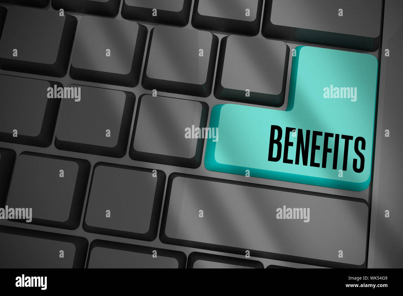 The word benefits on black keyboard with blue key Stock Photo - Alamy