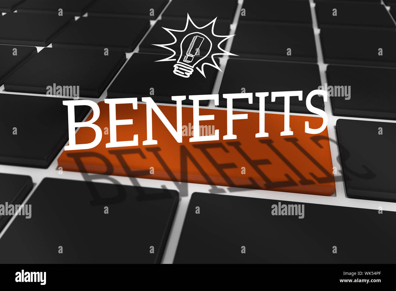 The word benefits and idea and innovation graphic against black ...