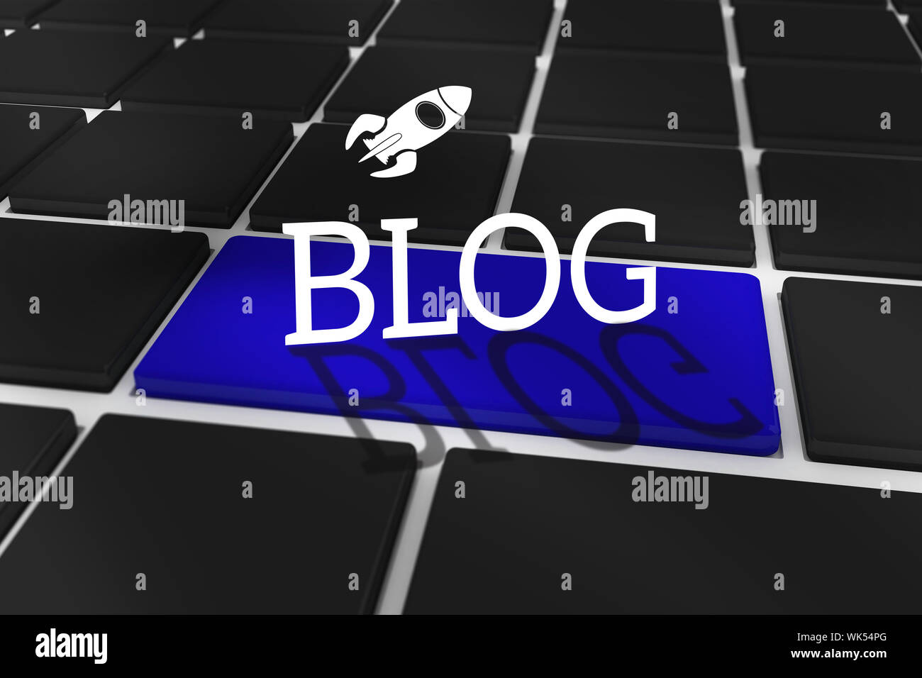The word blog and rocket ship against black keyboard with blue key ...