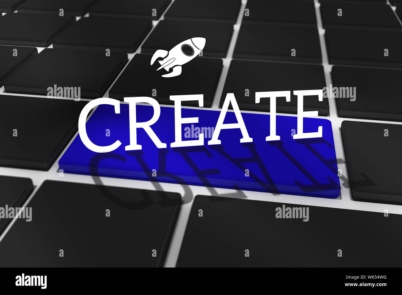 The word create and rocket ship against black keyboard with blue key ...