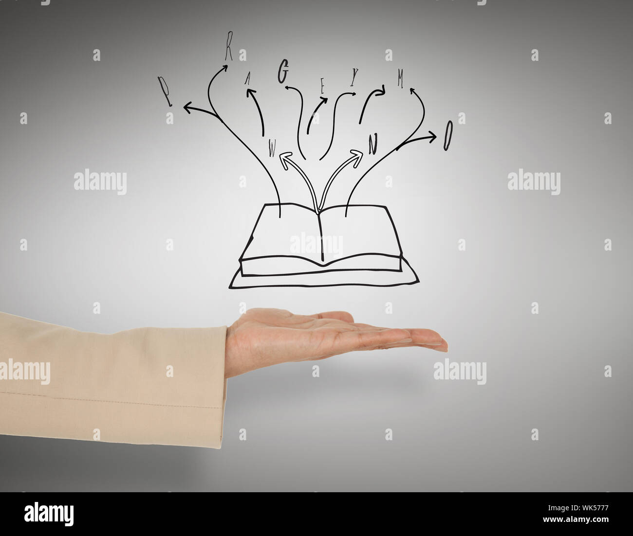 Female hand presenting open book against grey vignette Stock Photo - Alamy