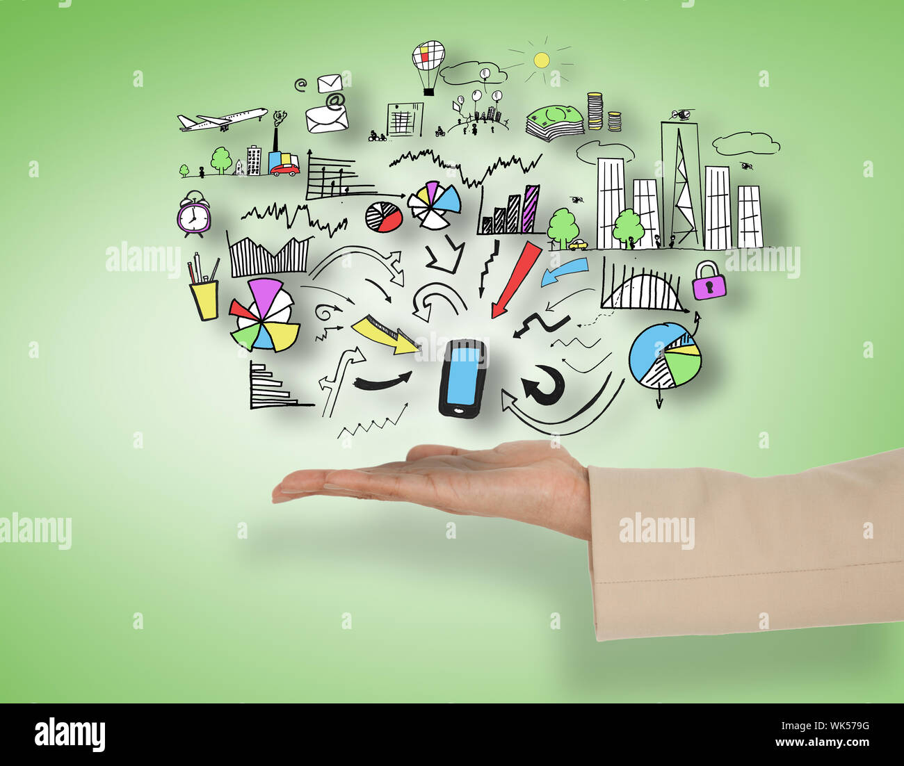 Female hand presenting data brainstorm against orange vignette Stock ...