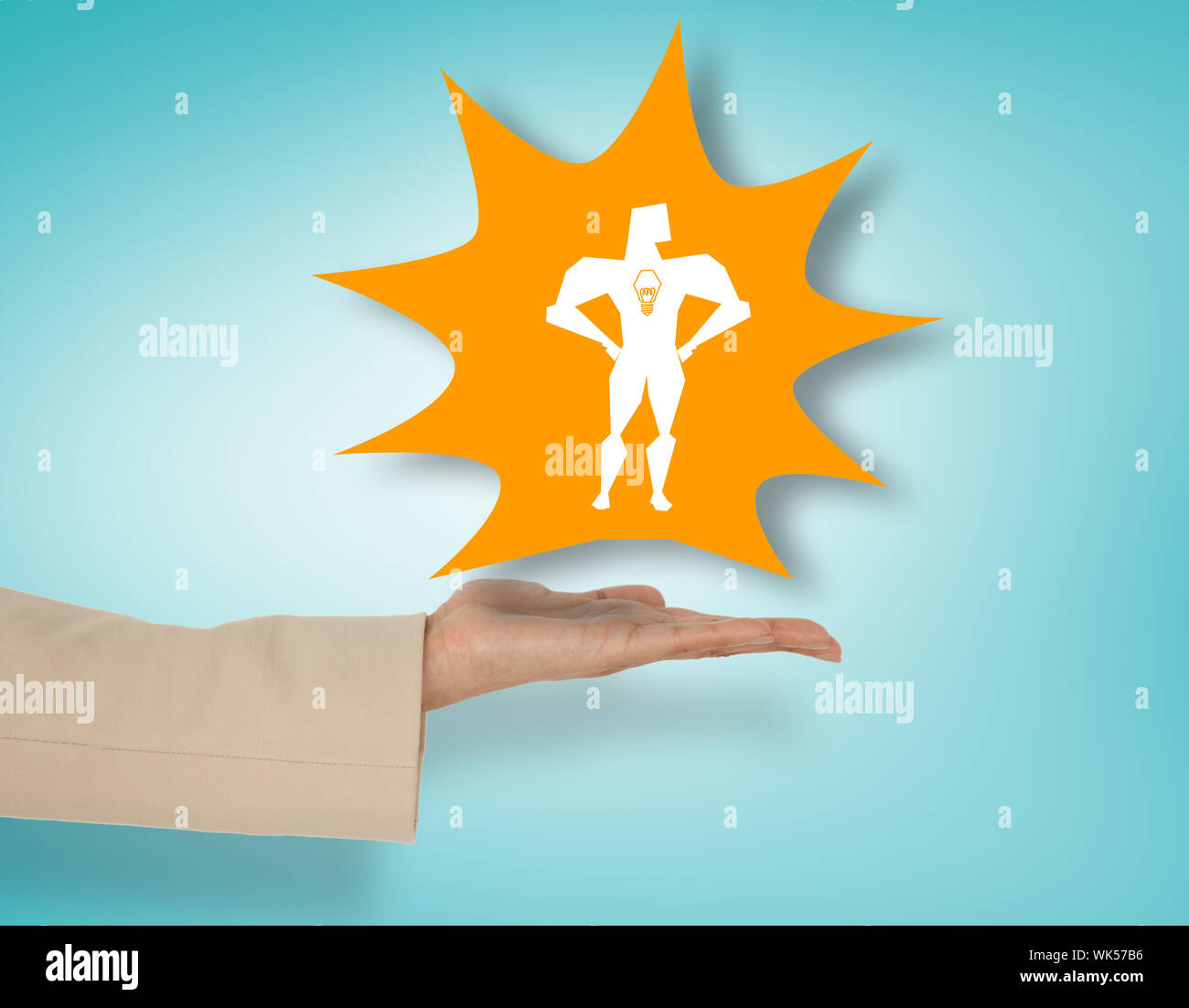 Female hand presenting superhero against blue vignette Stock Photo - Alamy