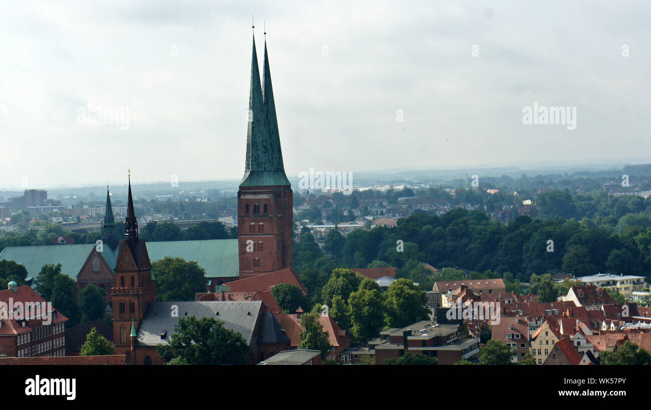 Lubeck, Germany - 07/26/2015 - Top view of church in old town ...