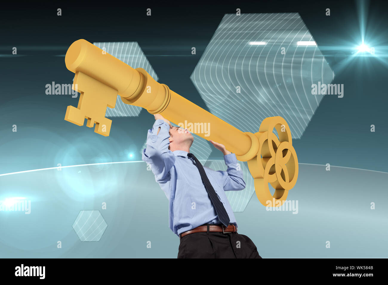 Businessman carrying large key with arms out against futuristic black ...