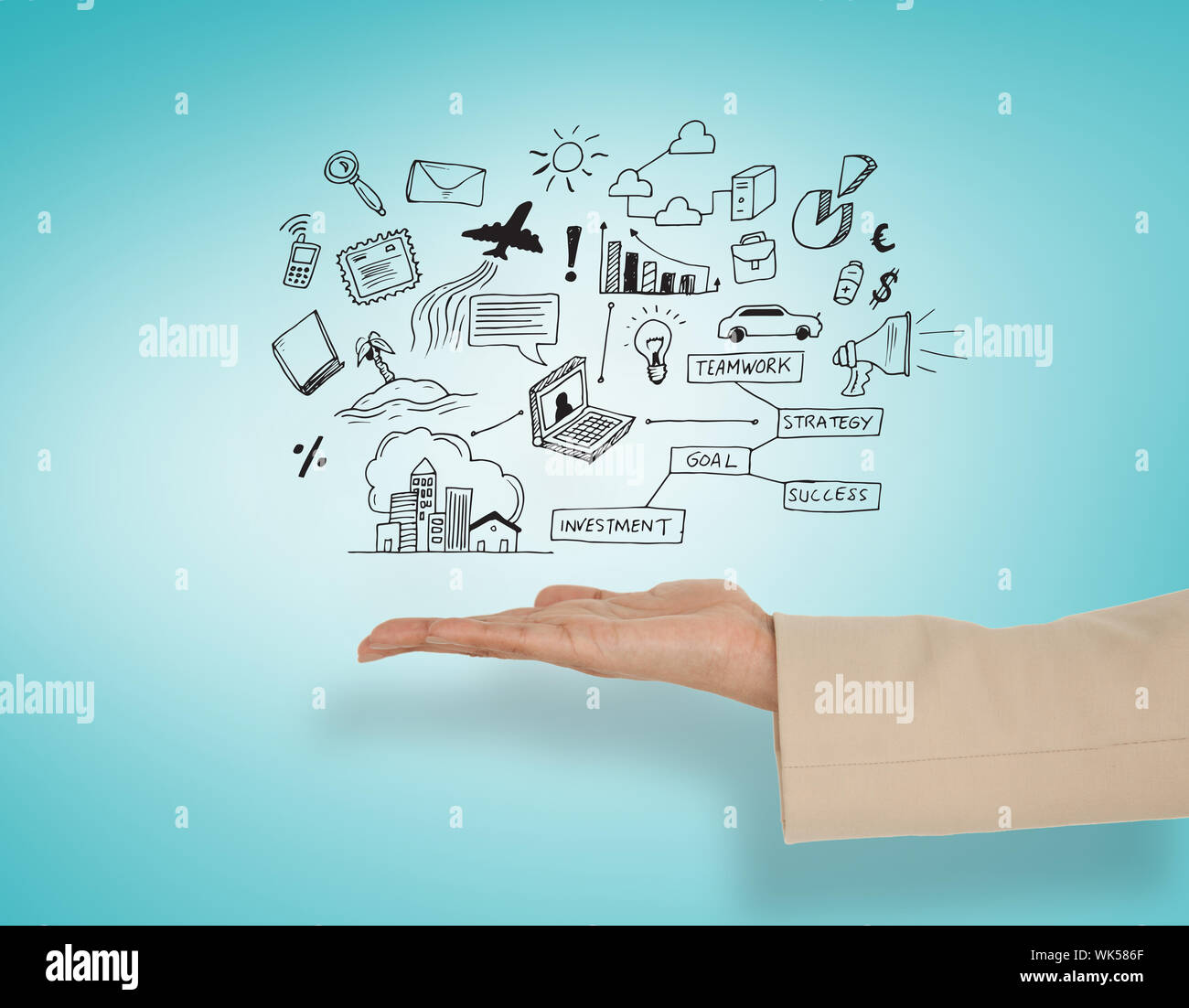 Female hand presenting computing icons against blue vignette Stock ...
