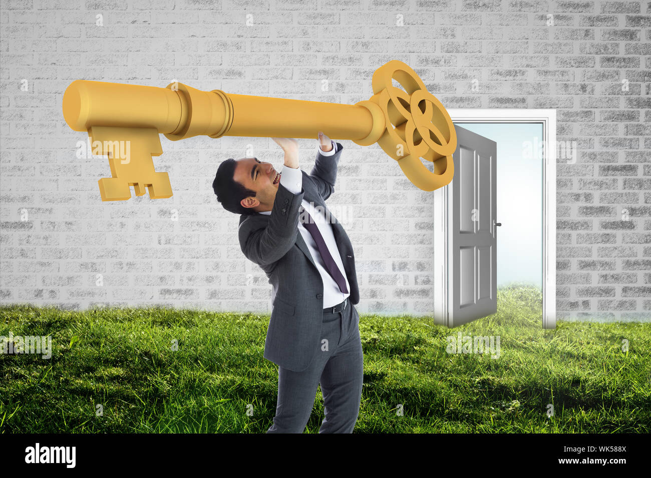 Stressed businessman carrying large key with arms raised against open ...