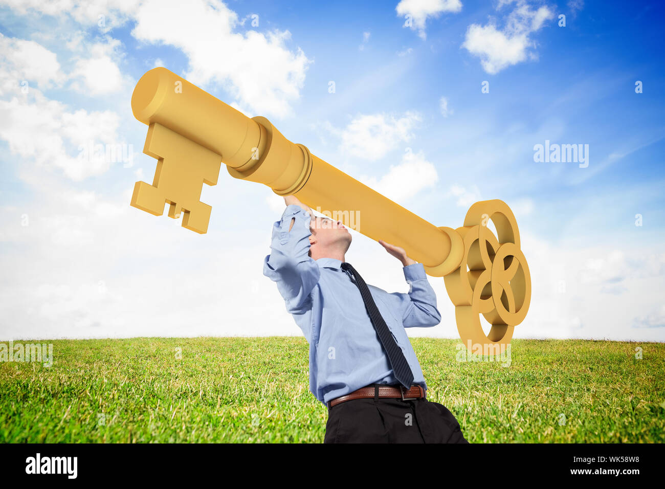 Businessman carrying large key with arms out against door revealing ...