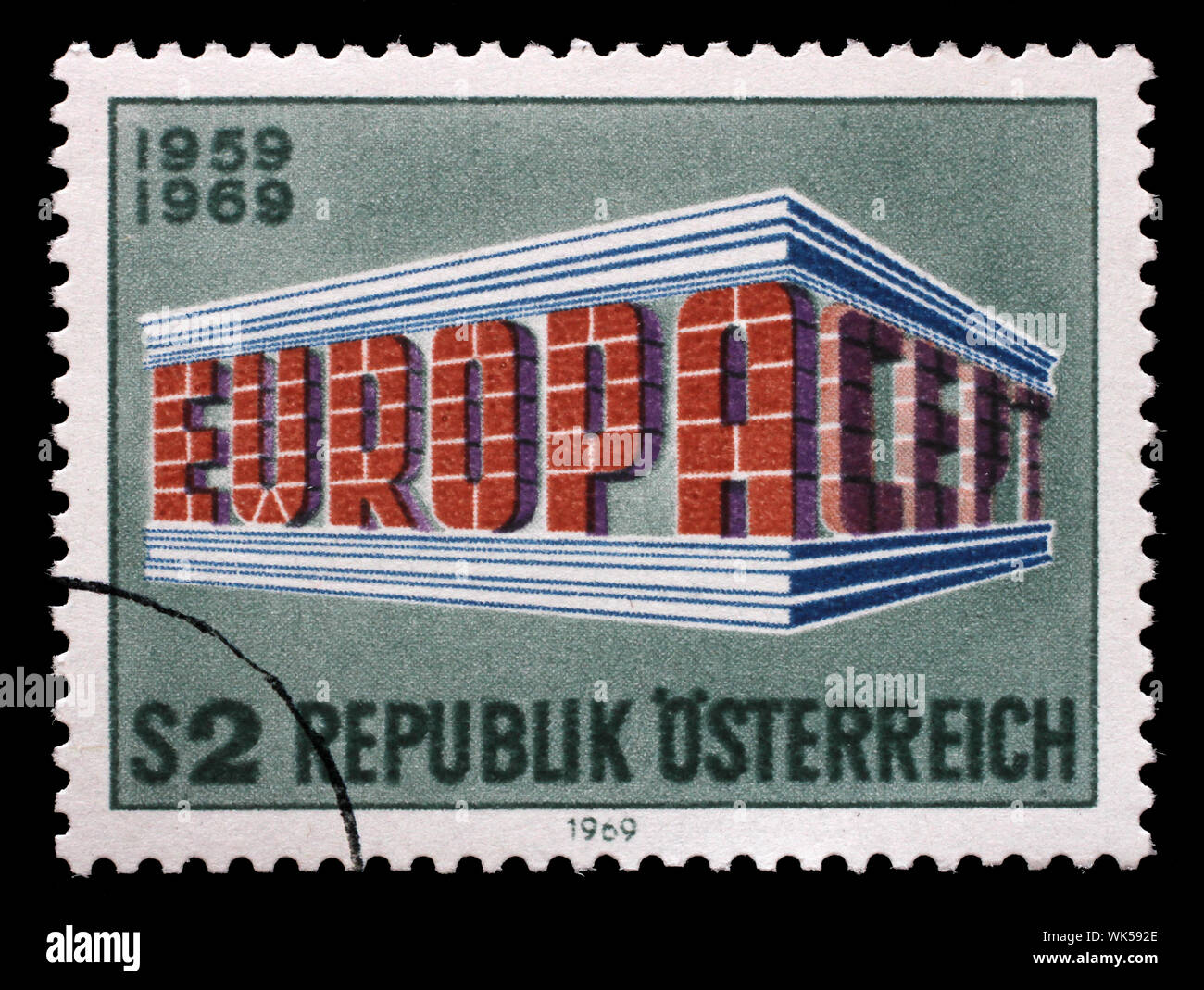 Stamp issued in the Austria shows EUROPA and CEPT forming a temple ...