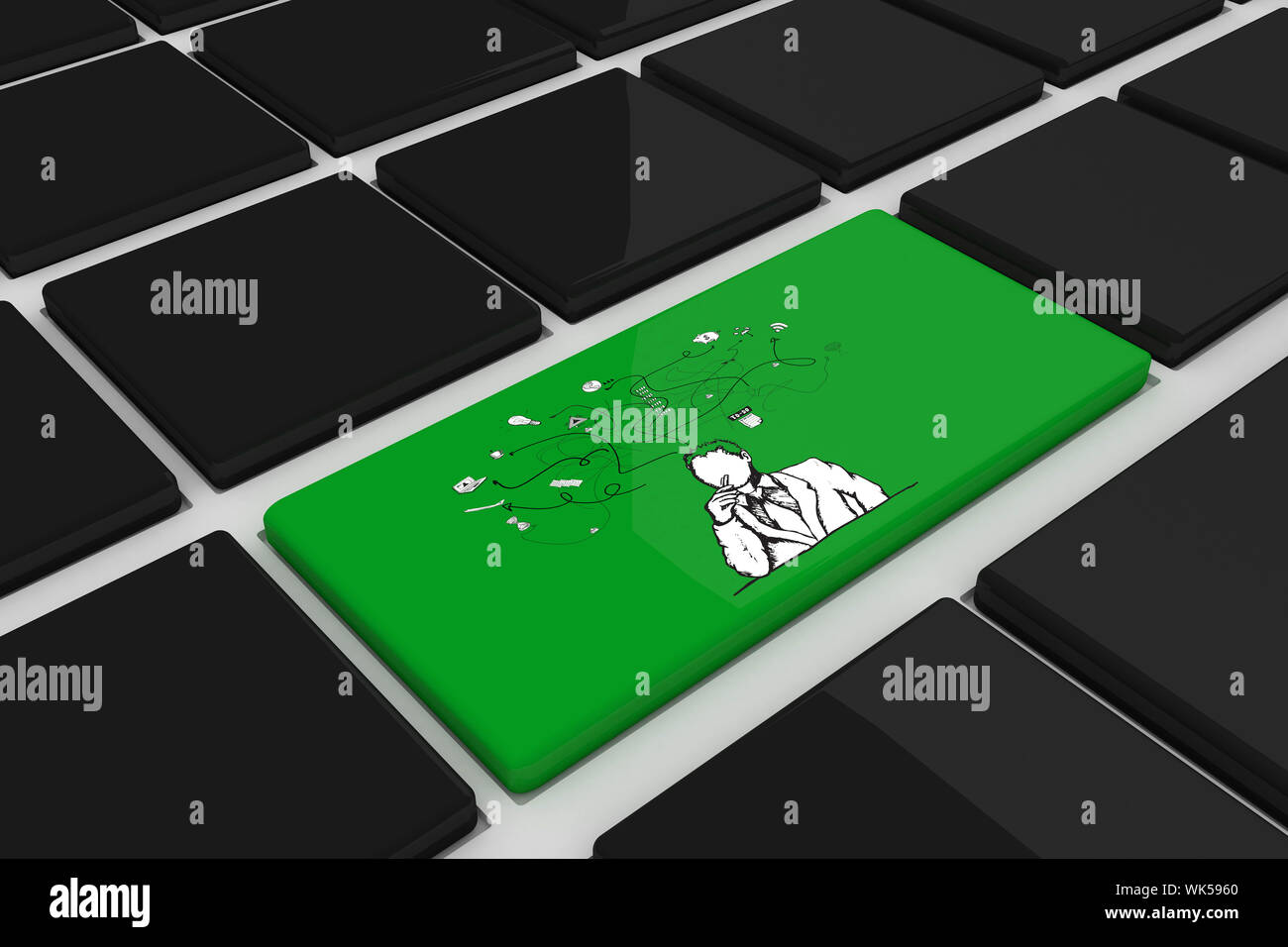 Thinking businessman doodle against black keyboard with green key Stock ...