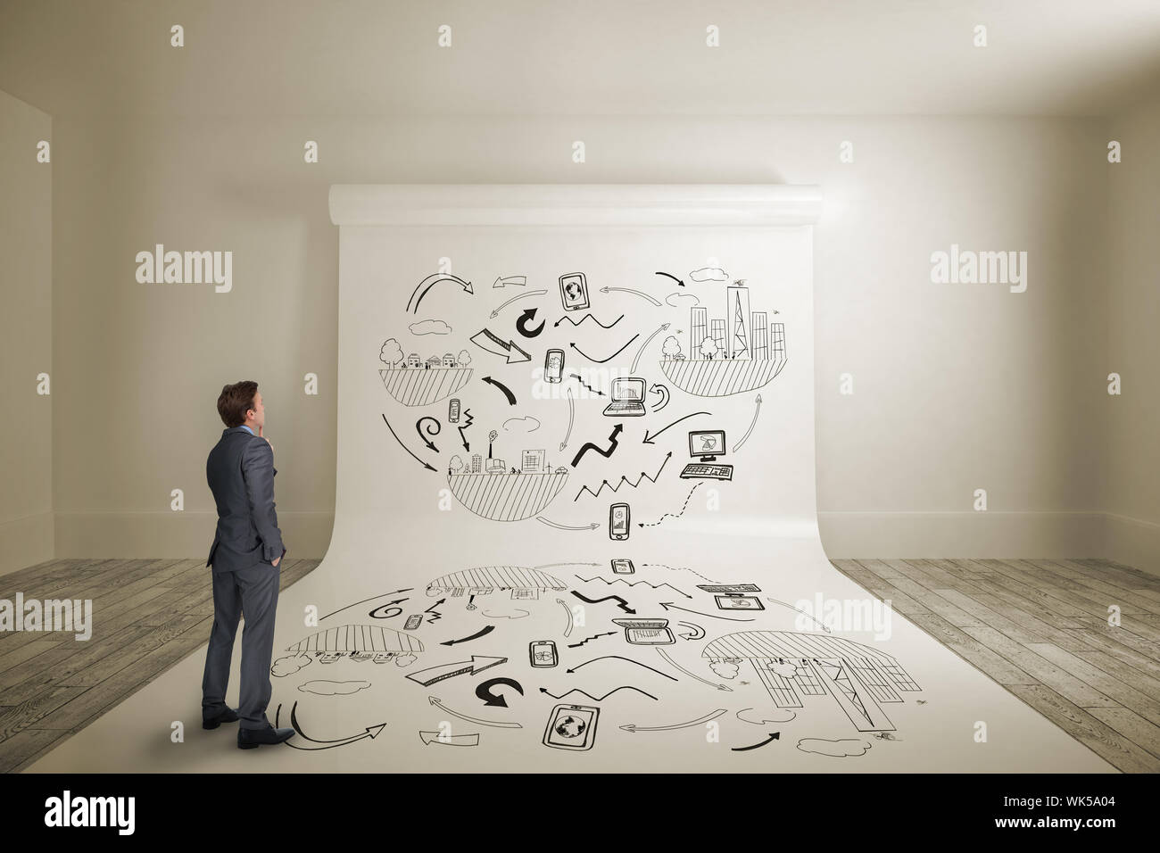 Thinking businessman against large white screen showing doodle Stock ...