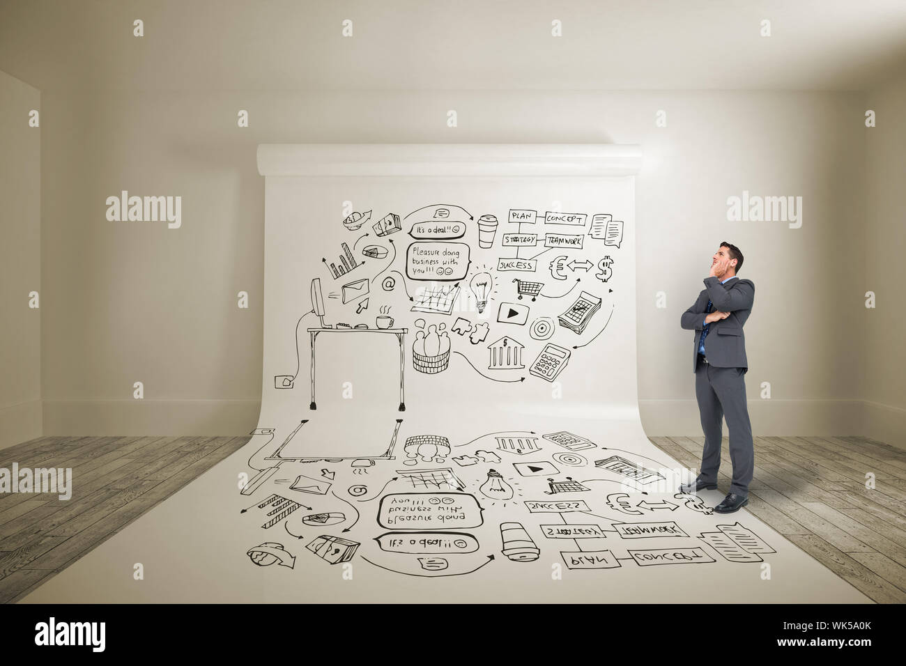 Thinking businessman against large white screen showing doodle Stock ...
