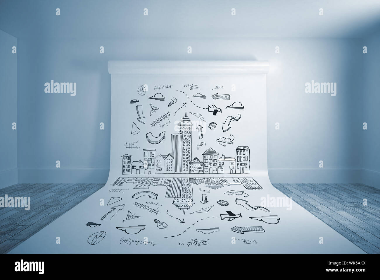 Cityscape doodle against large white screen hanging on wall Stock Photo ...
