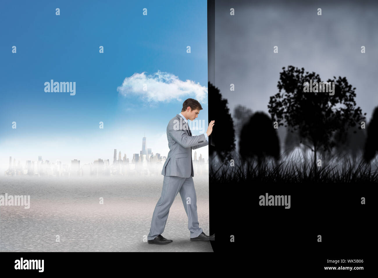 Composite image of businessman changing scenes from dark gothic scene ...