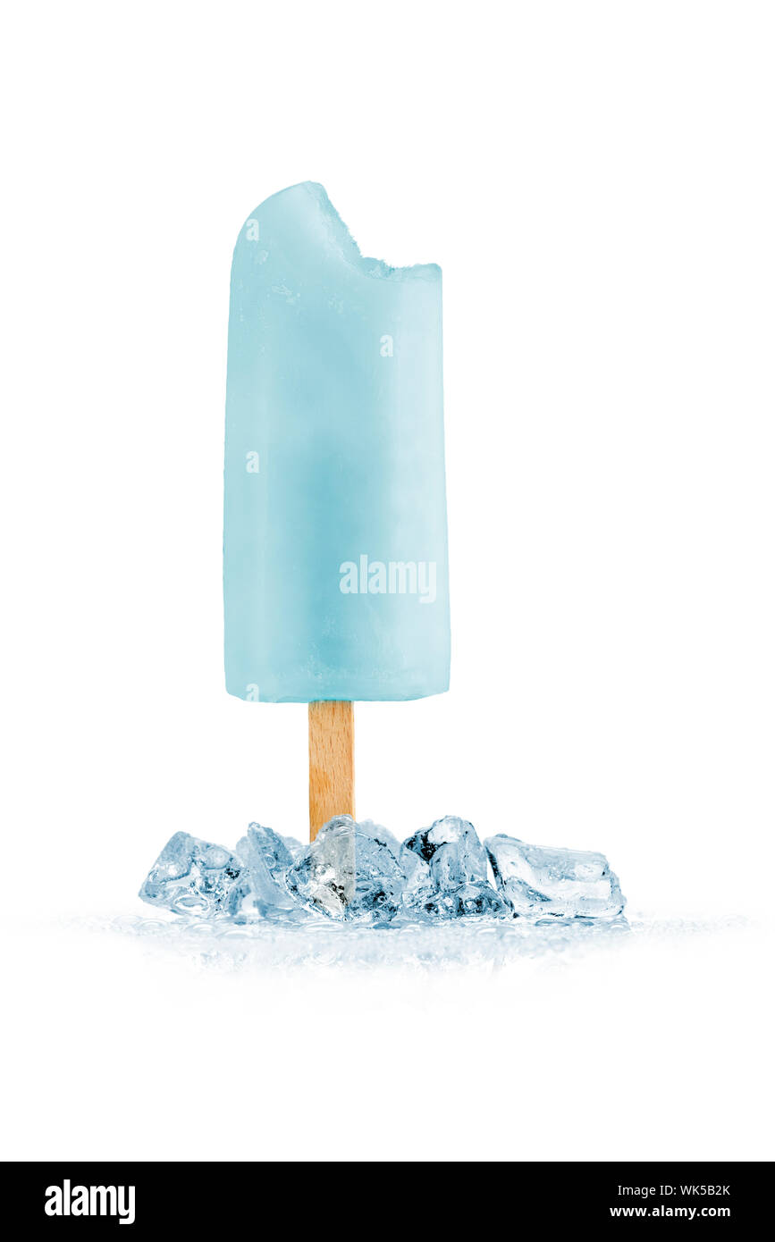 cool bitten ice lolly on ice cube, on white background Stock Photo - Alamy