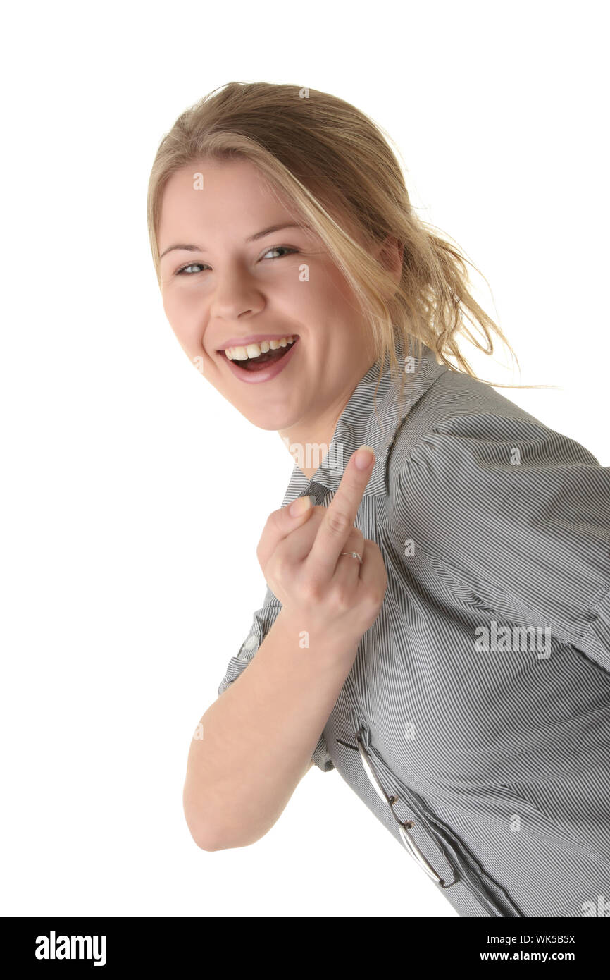 Closeup portrait of a happy young woman with middle finger up isolated ...