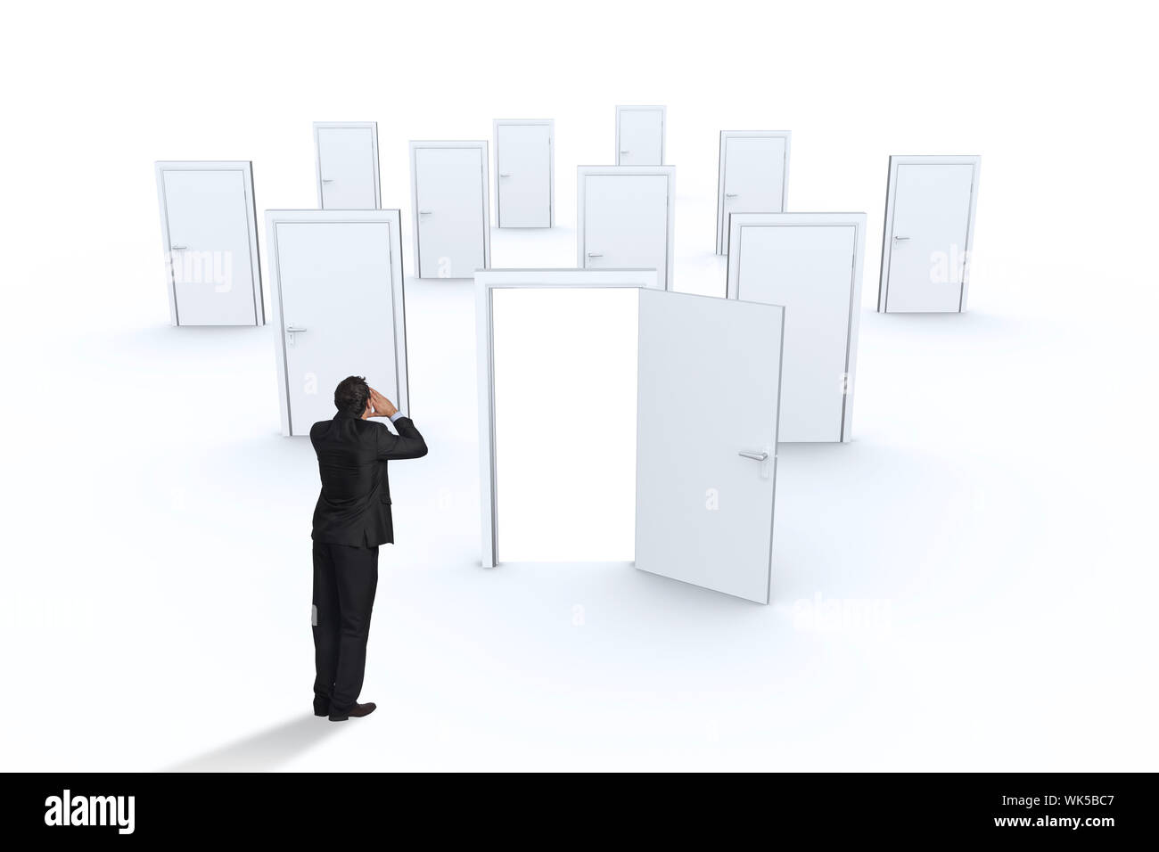 Shouting businessman against door opening to show red arrow Stock Photo ...