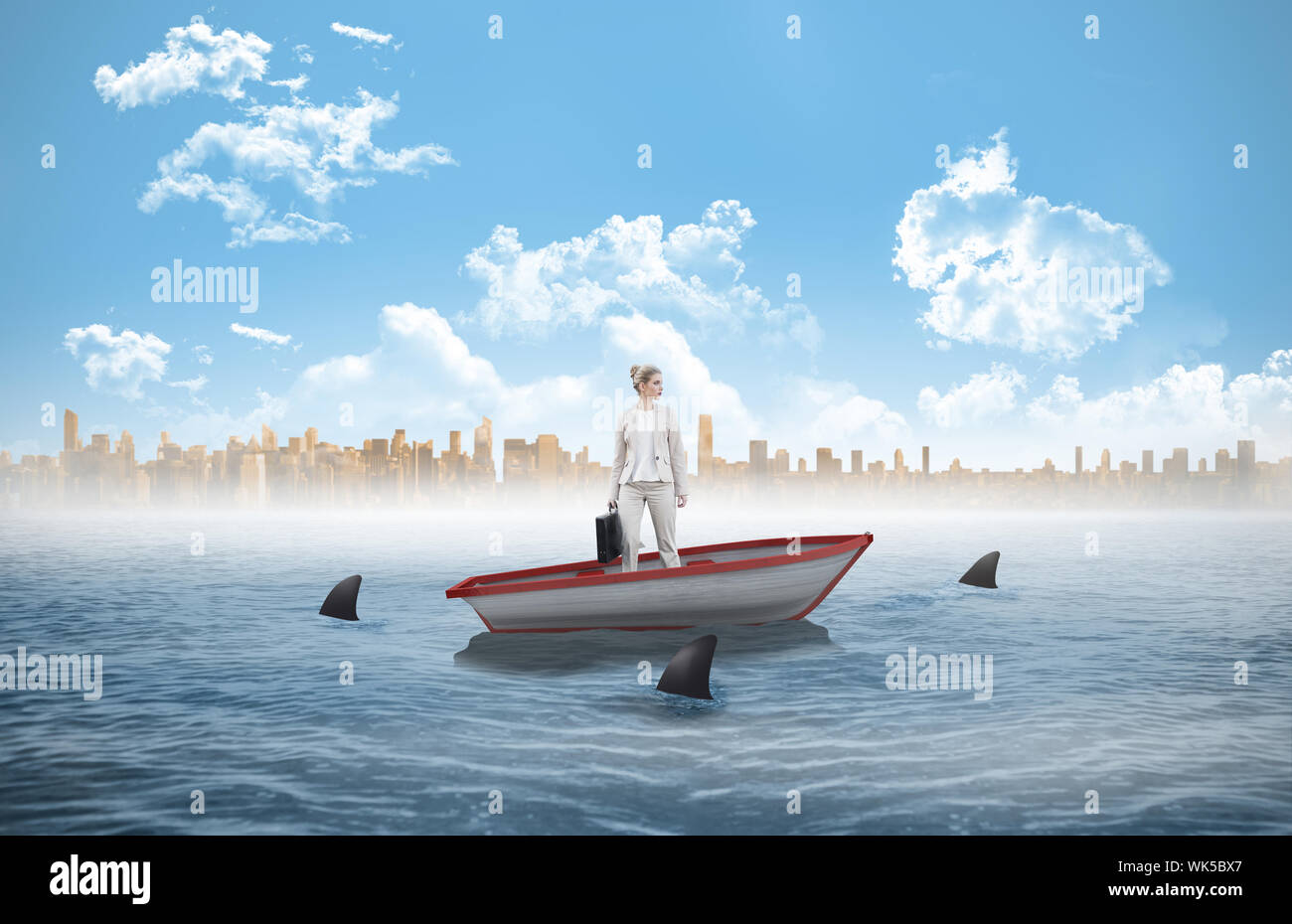 Serious classy businesswoman holding briefcase posing against sharks ...