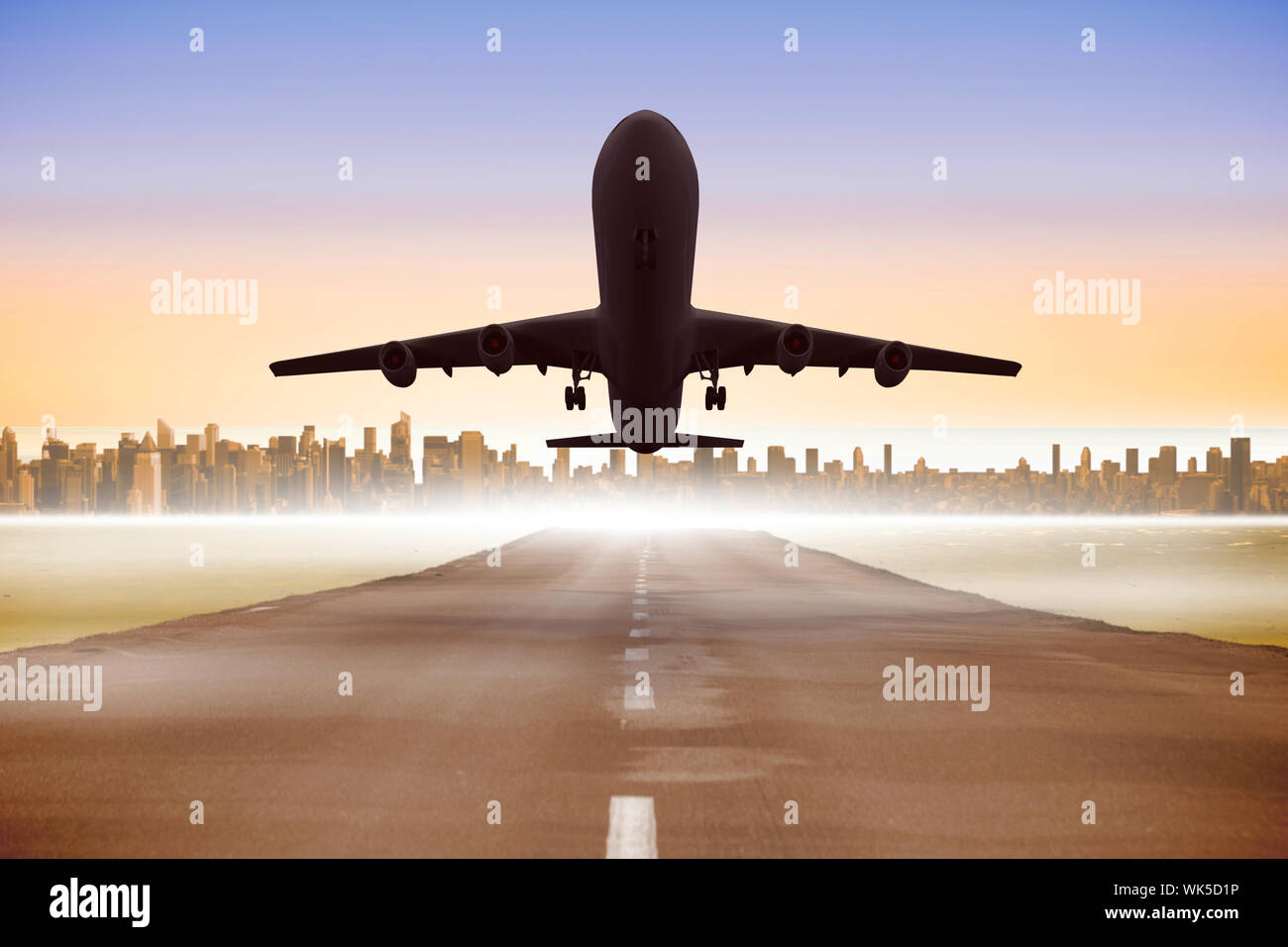 Graphic airplane flying over cityscape on the horizon Stock Photo - Alamy