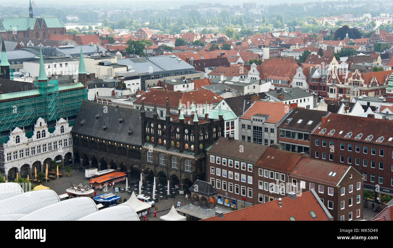 Lubeck, Germany - 07 26 2015 - Aerial view of city hall in old town ...