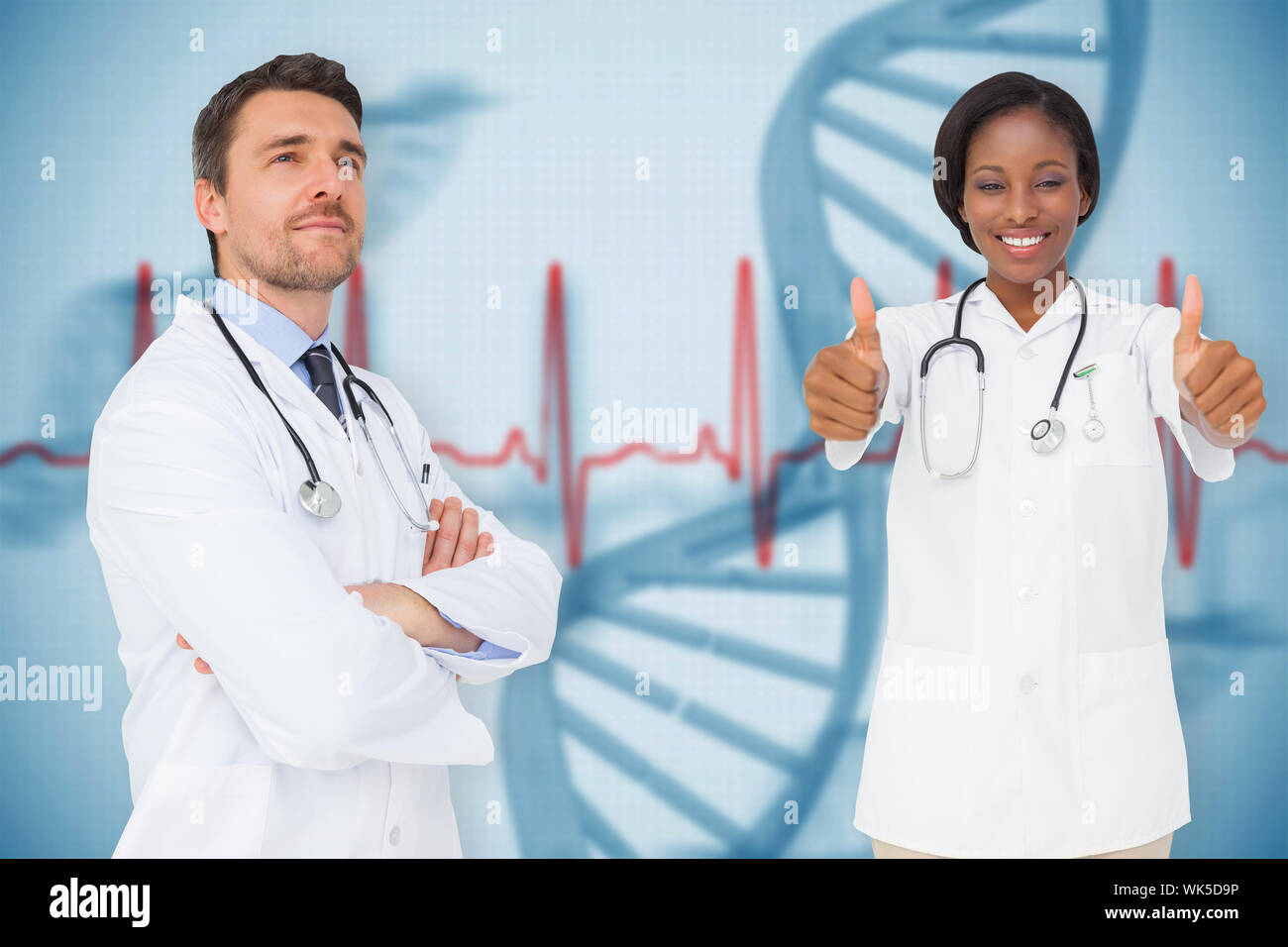 Composite image of medical team against blue medical background with ...