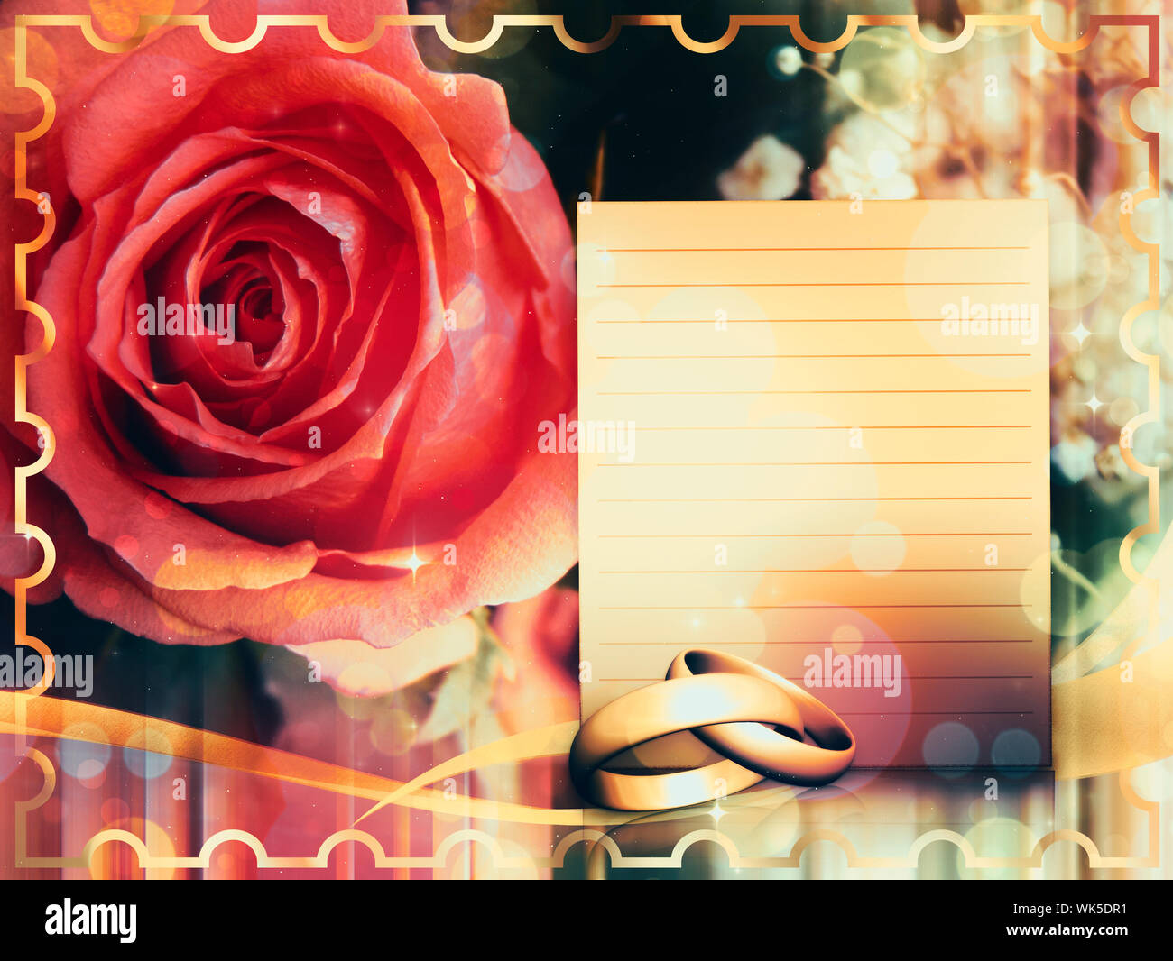 Golden wedding rings and beautiful red rose background Stock Photo - Alamy