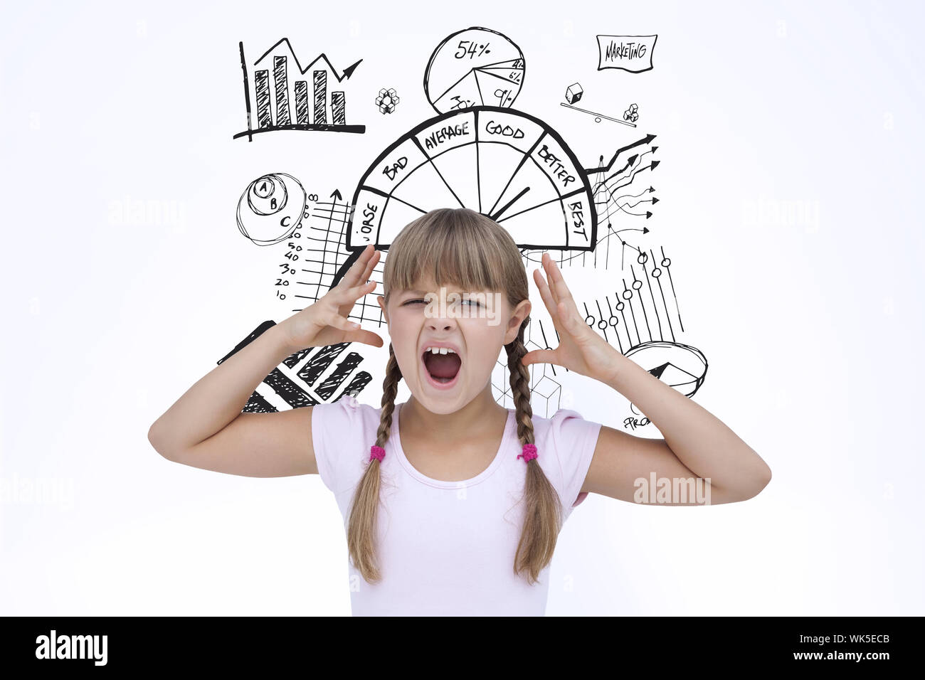 Crazy little girl against data analysis doodle Stock Photo - Alamy